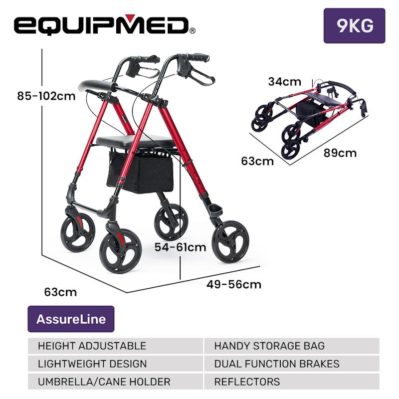 Buy Equipmed 4 Wheel Lightweight Rollator Walker Red Online at Chemist ...