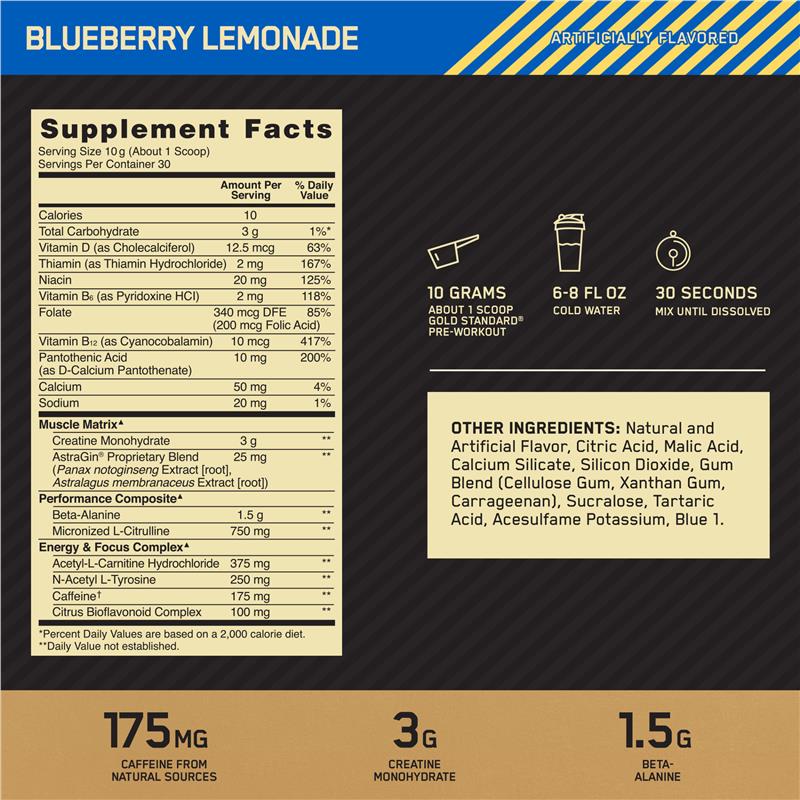 Buy Optimum Nutrition Gold Standard Pre-Workout Blueberry Lemonade 300g ...