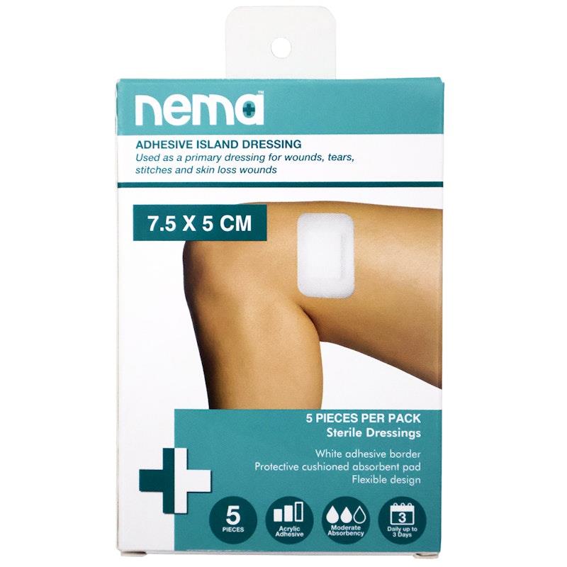 Buy Nema Adhesive Island Dressing Non-Adherent Pad Sterile 7.5 x 5cm 5 ...