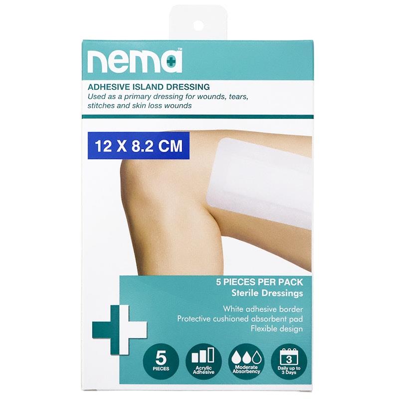 Buy Nema Adhesive Island Dressing Non-Adherent Pad Sterile 12 x 8.2cm 5 ...
