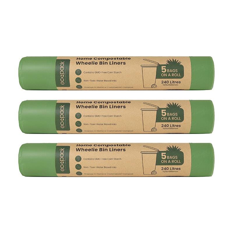 Buy Ecopack 240L Compostable Wheelie Bin Bags Bundle 3 Rolls/15 Bags ...