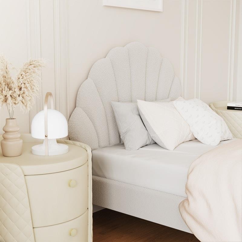 Buy Oikiture Bed Frame Single Size Scallop-Shape Bedhead Boucle White ...