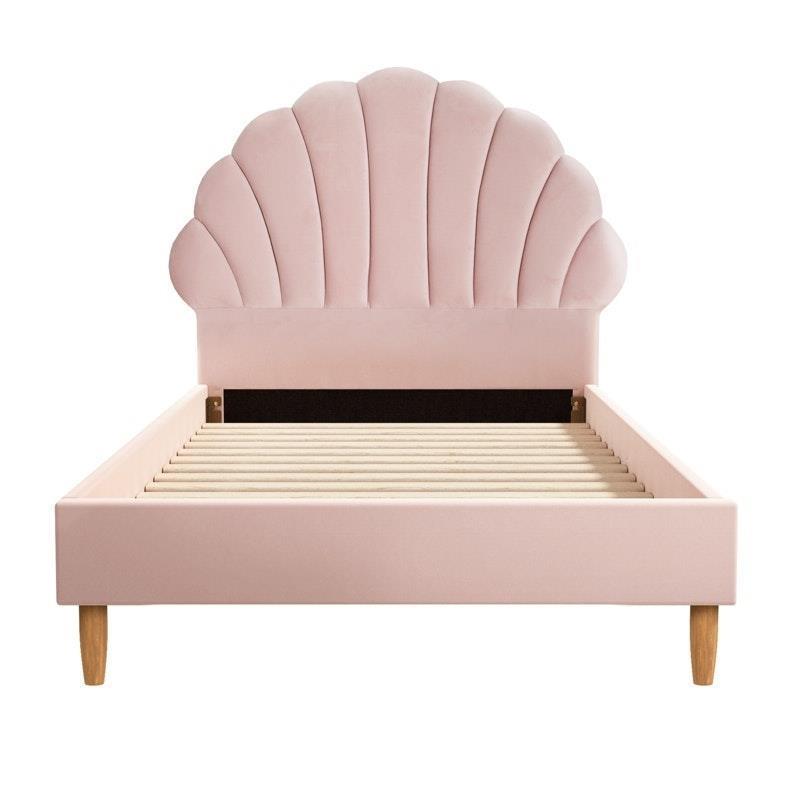 Buy Oikiture Bed Frame Single Size Scallop-Shape Bedhead Velvet Pink ...