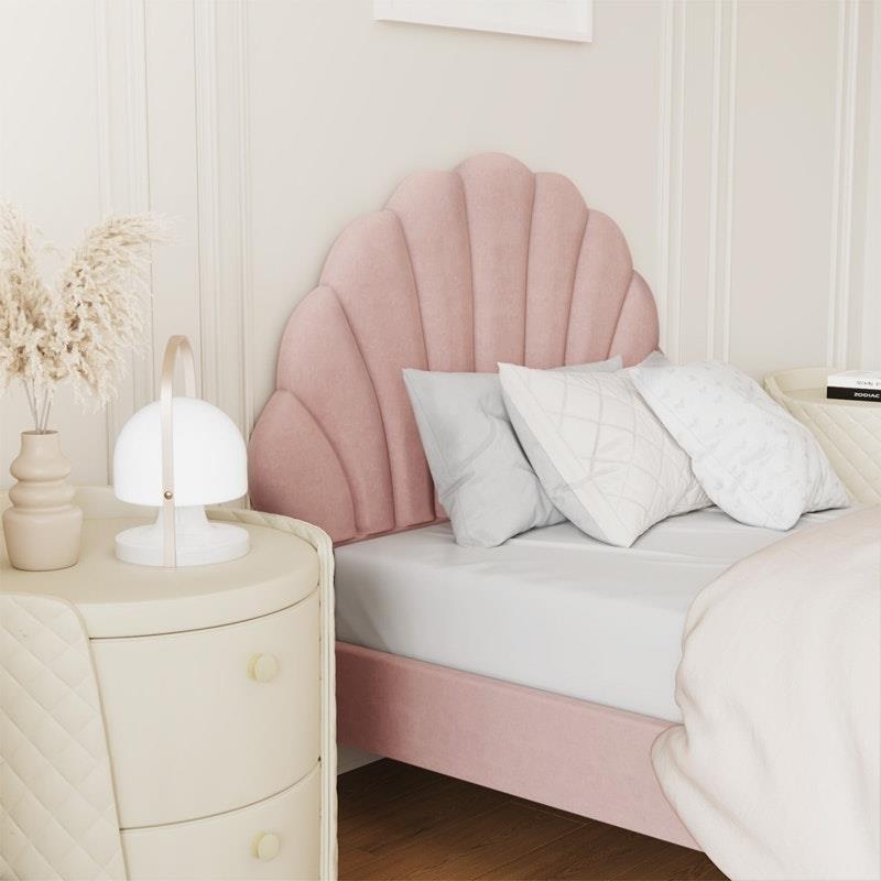 Buy Oikiture Bed Frame Single Size Scallop-Shape Bedhead Velvet Pink ...