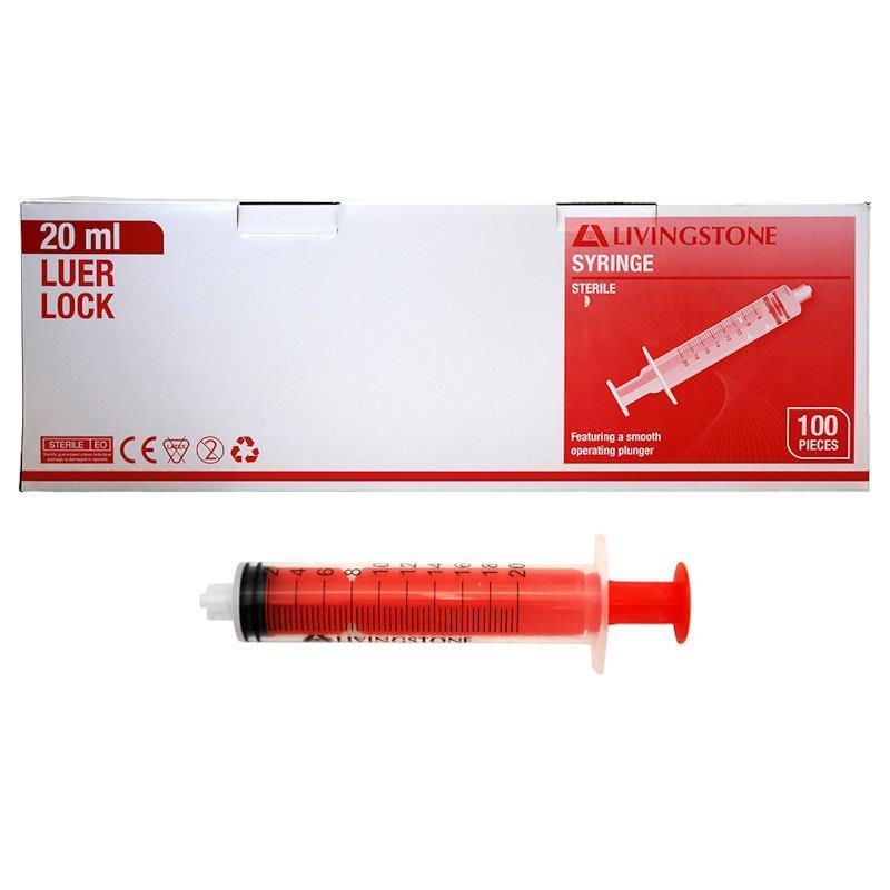 Buy Livingstone Syringe Luer Lock Tip Red Plunger Sterile 20mL 100 ...
